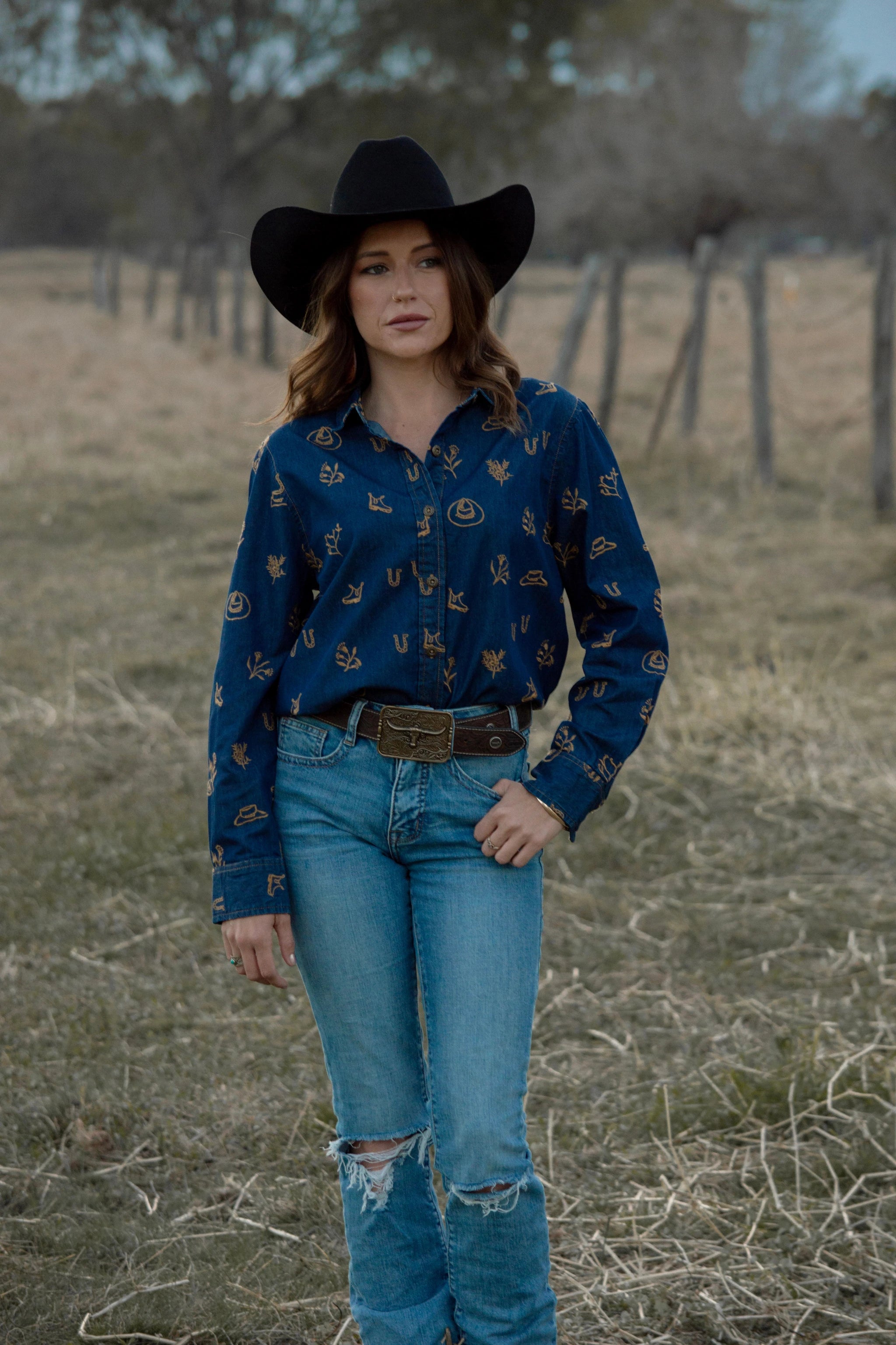 Lady Jane Embroidered Denim Shirt: Sky Blue & Dark | Outback Linen – Outback Linen Co