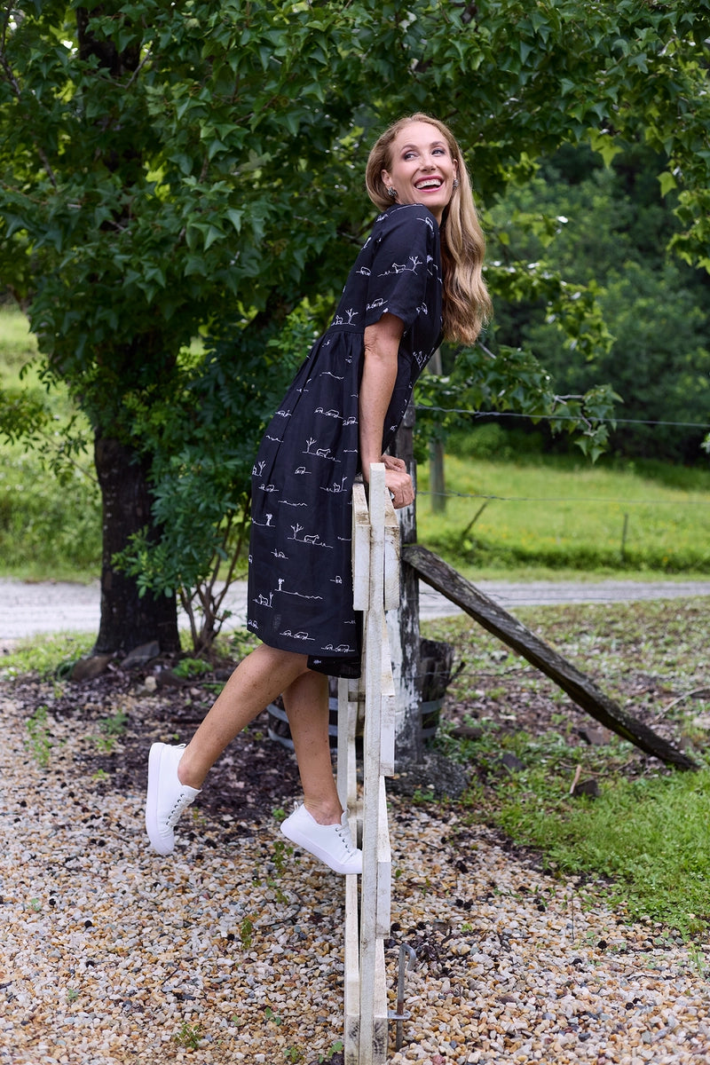 Rural Outback Embroidered Linen Dress: Midnight & Black | Outback Linen ...