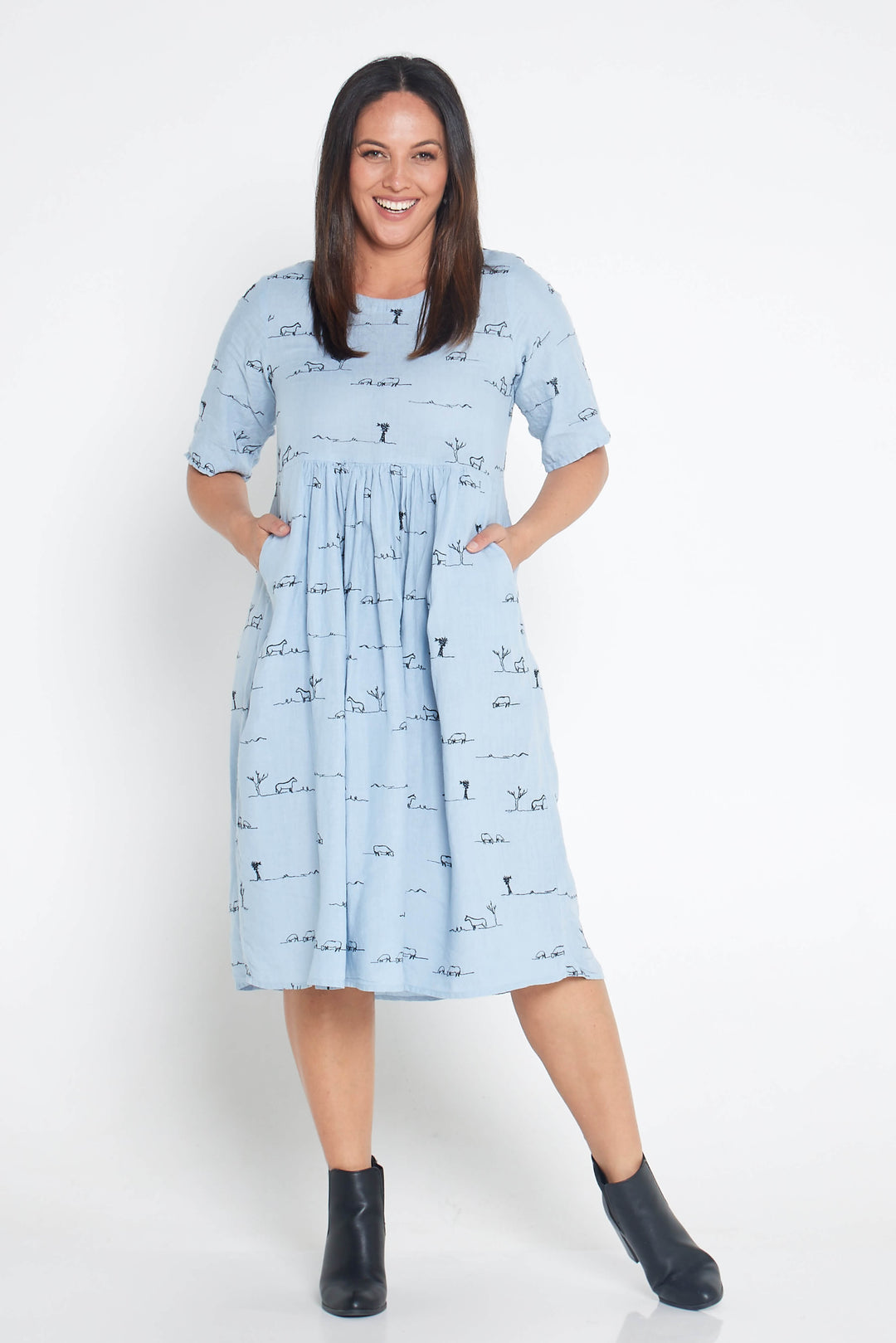 Sky Blue Rural Outback Short Sleeve Organic Linen Dress | Outback Linen Co